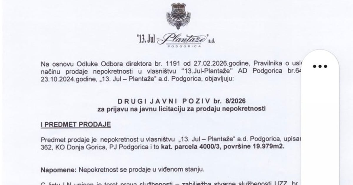Mugoša: "13. jul Plantaže" prodaju zemljište u Kokotima